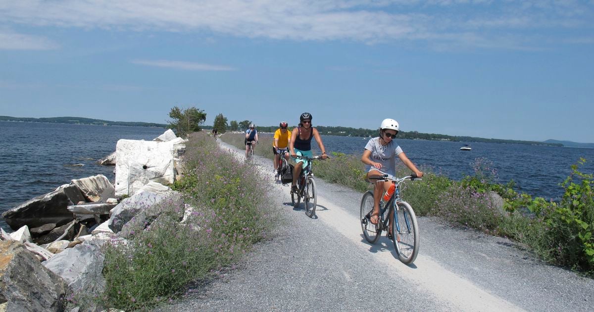 In Vermont, biking across Lake Champlain on an old rail causeway