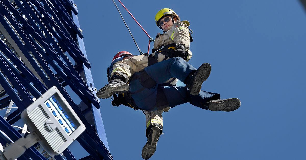 Park City firefighters test high mountain rescue skills atop tower crane